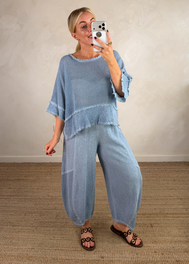 Waffle Junie barrel leg linen trouser - Powder blue – The Style Attic